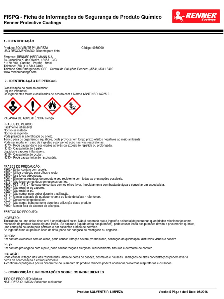 FISPQ - Solvente para limpeza | PDF | Embalagem e rotulagem | Solvente