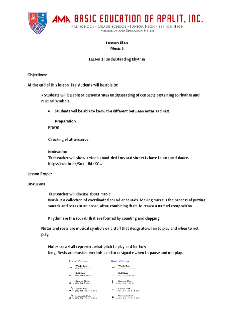 Understanding Rhythm in Music 5 | PDF | Rhythm | Lesson Plan