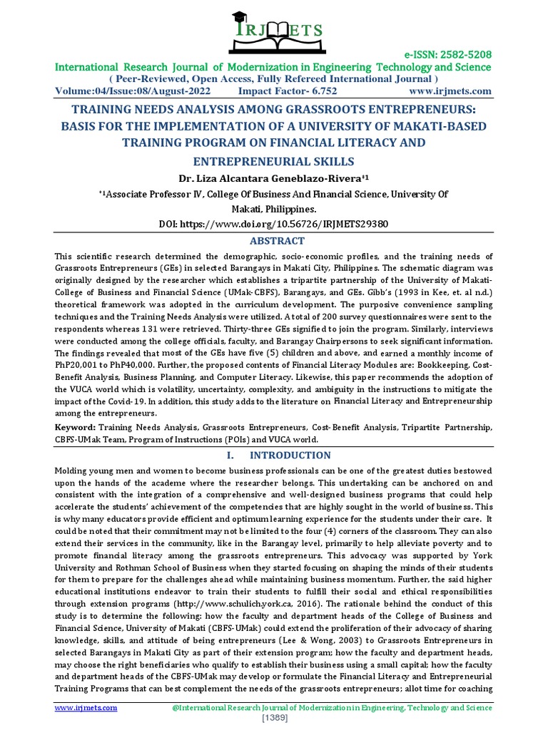 Training Needs for Grassroots Entrepreneurs | PDF | Entrepreneurship ...