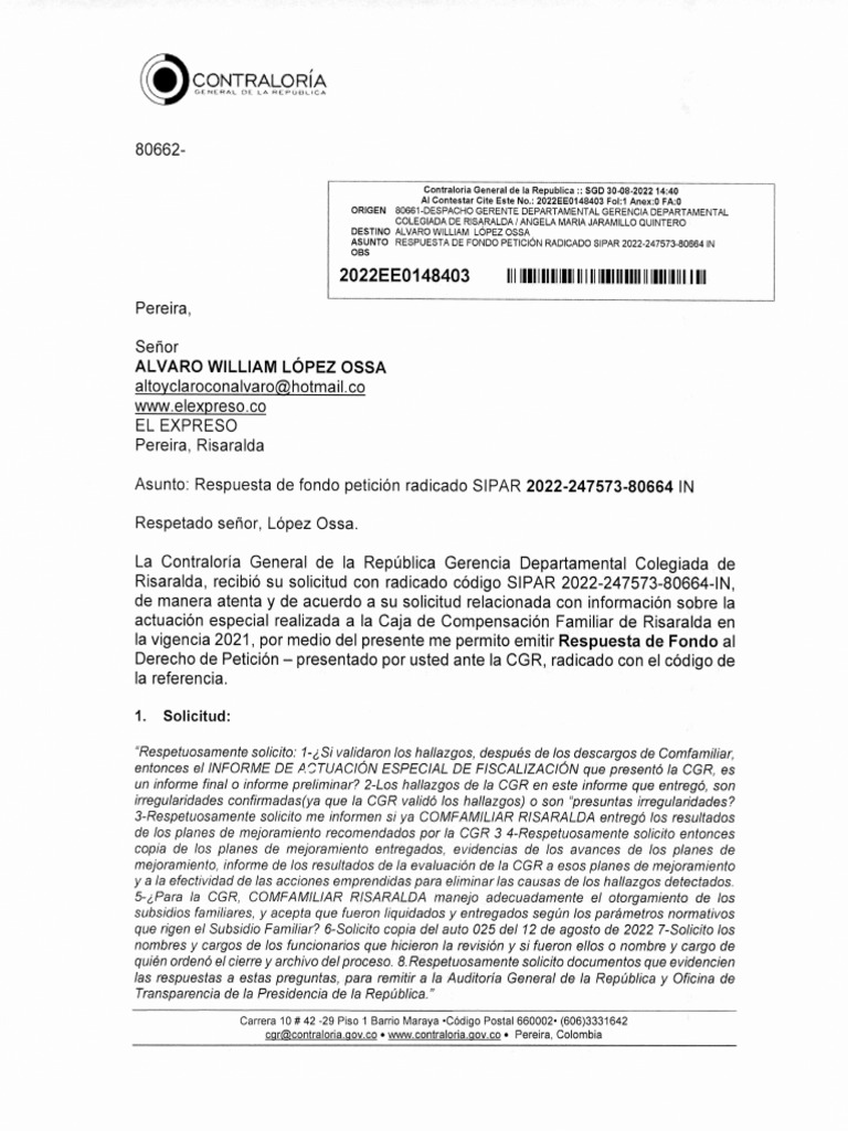 Respuesta de Fondo Solicitud SIPAR 2022-247573-80664IN COMFAMILIAR ...