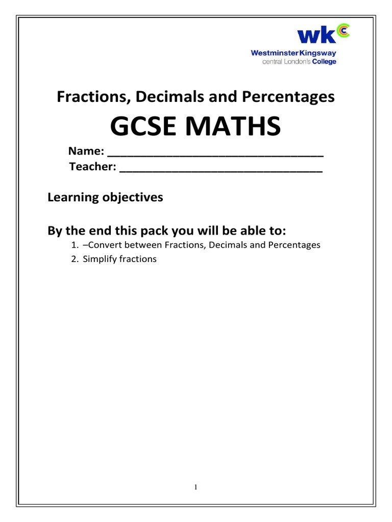 Fractions Decimals and Percentages Workpack | PDF | Percentage ...