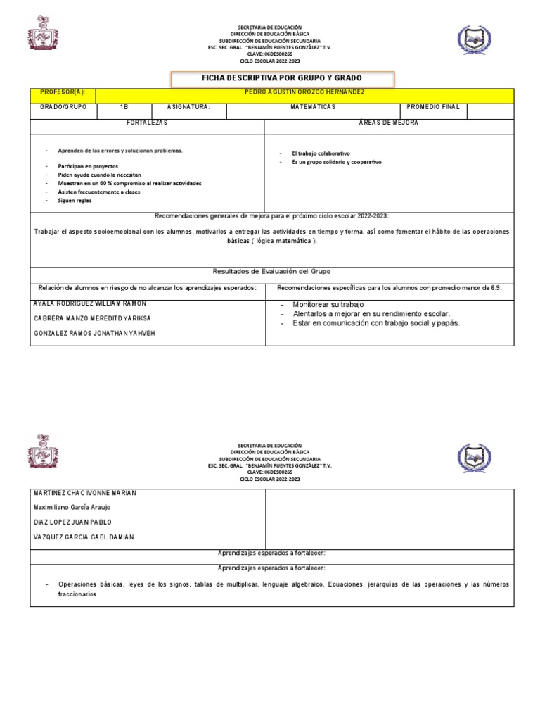 Fichas Descriptivas 1B Matematicas Mtro Pedro Orozco | PDF | Educación primaria | Puntuación