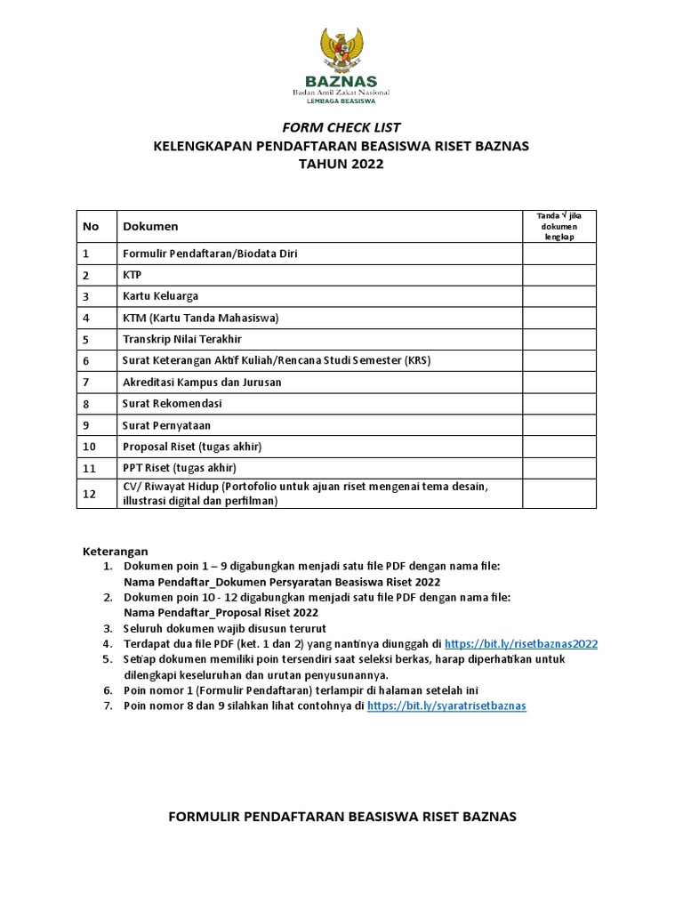 Formulir Pendaftaran Beasiswa Riset BAZNAS | PDF