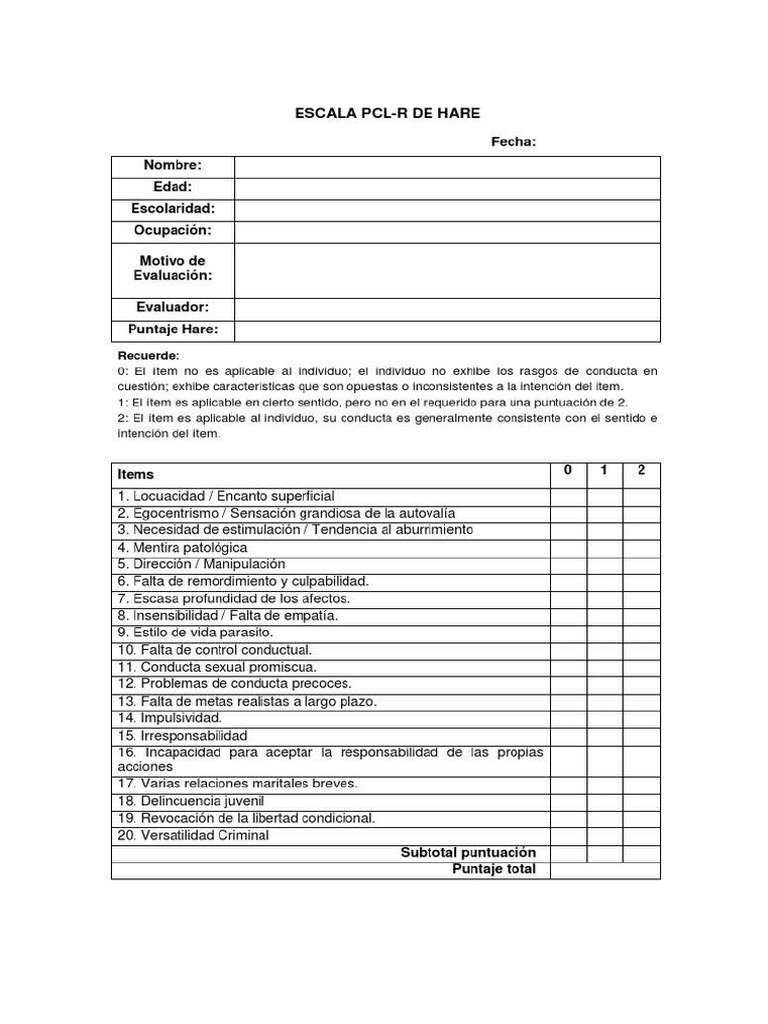 Escala PCL-R Escala de Evaluacion Psicopatologica de Hare - Revisada | PDF
