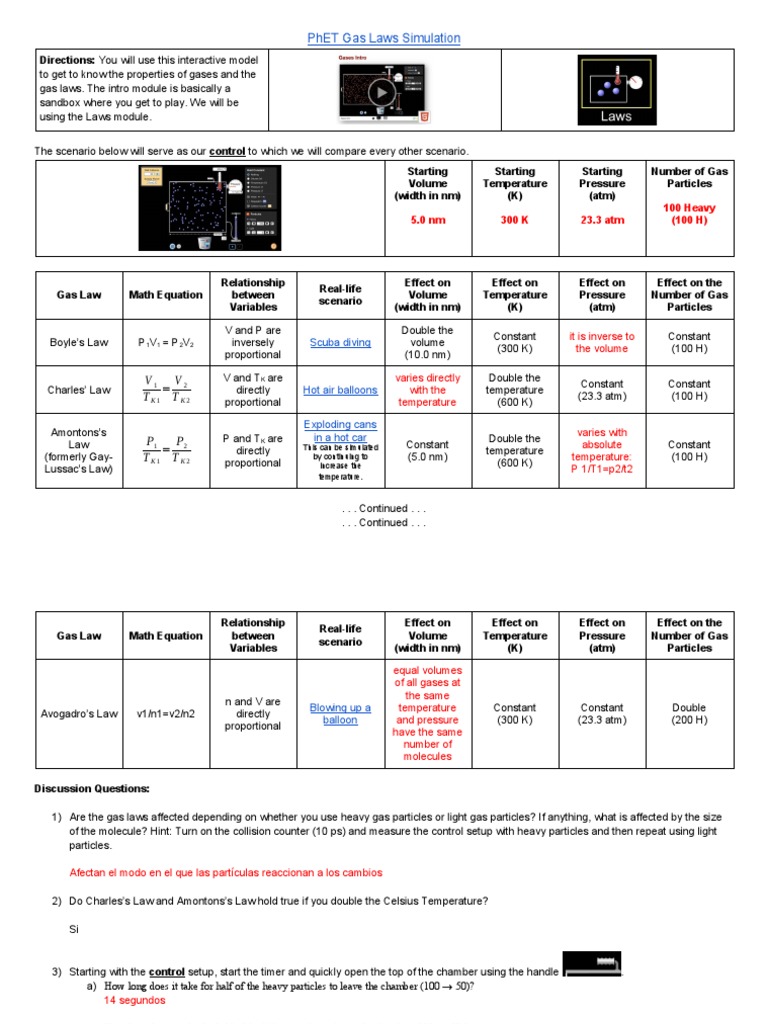 PhET - Gas Laws - Student | PDF | Gases | Temperature