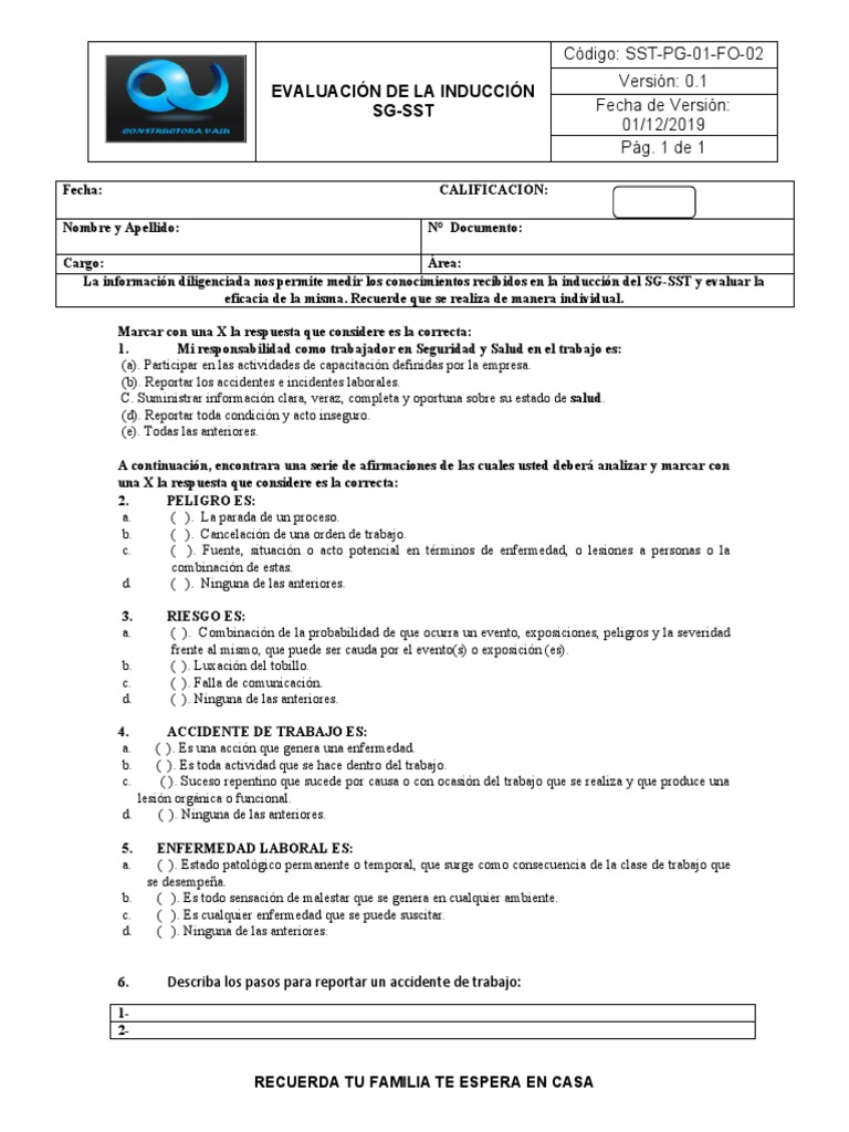 SST PG 01 Fo 02 Evaluacion de Induccion SG SST | PDF SST PG 01 Fo 02 Evaluacion de Induccion SG SST | PDF