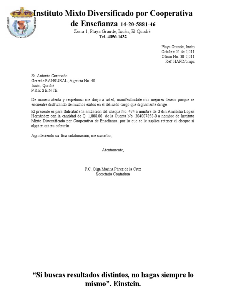 Oficio Extravio de Cheque | PDF