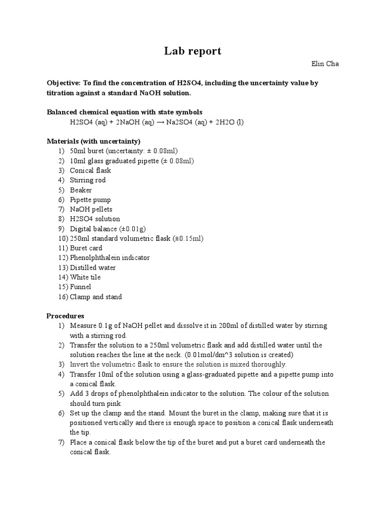 Lab Report Finding The Concentration of H2so4 | PDF | Sodium Hydroxide ...