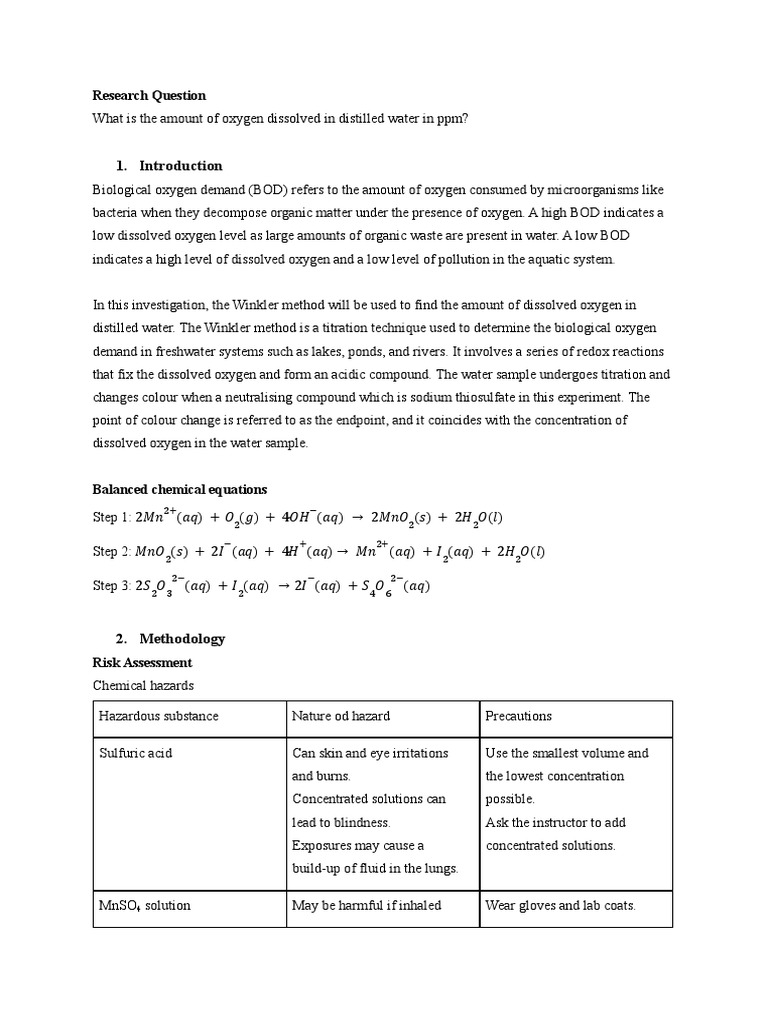 Dissolved Oxygen Measurement via Winkler Method | PDF | Titration ...