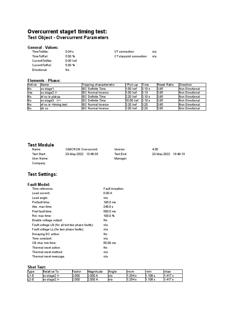 Overcurrent Stage 1 Timing Test Results | PDF | Electrical Engineering ...