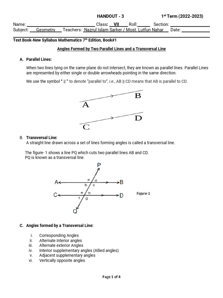 Class VII Geometry Handout 3 | PDF | Angle | Classical Geometry