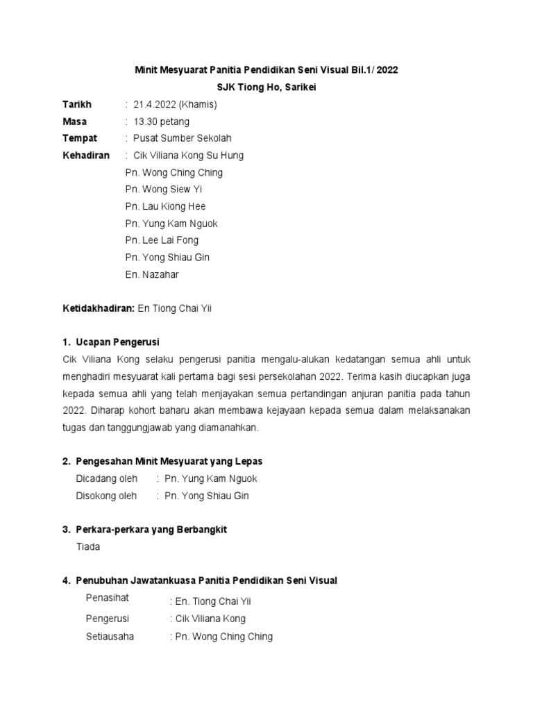 Minit Mesyuarat Panitia Kesenian Bil.1: 2022 | PDF