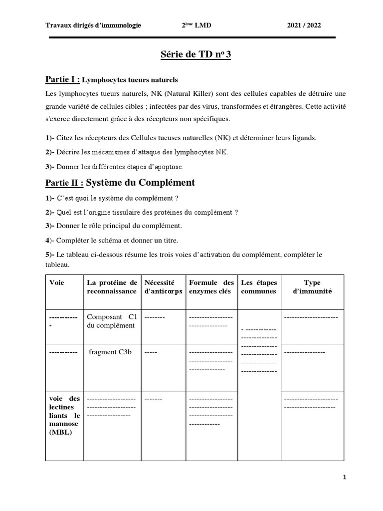 TD3 Et Corrigé Type 2022 | PDF | Système du complément | Lymphocyte NK