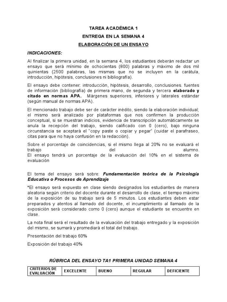 Ta1 Semana 4 Primera Unidad | PDF | Ensayos | Puntuación