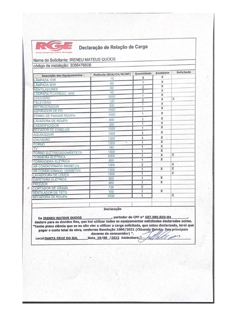 Declaração de Relação de Carga | PDF