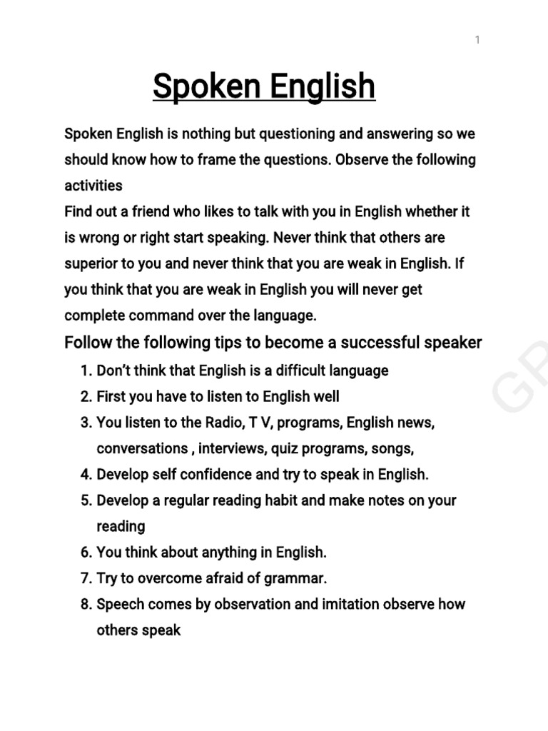 Spoken English for Primary Children | PDF