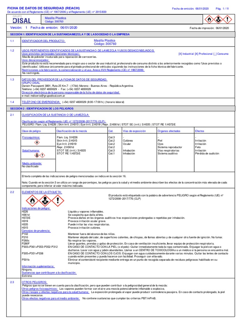 Msds 300760 Masilla Plastica Spx1 | PDF | Agua | Compuesto orgánico volátil