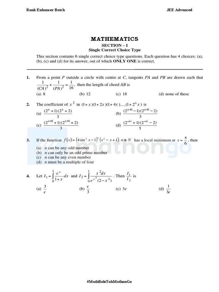 JEE Advanced Rank Enhancer Batch Paper 1 Questions Mathongo | PDF | Numbers | Matrix (Mathematics)