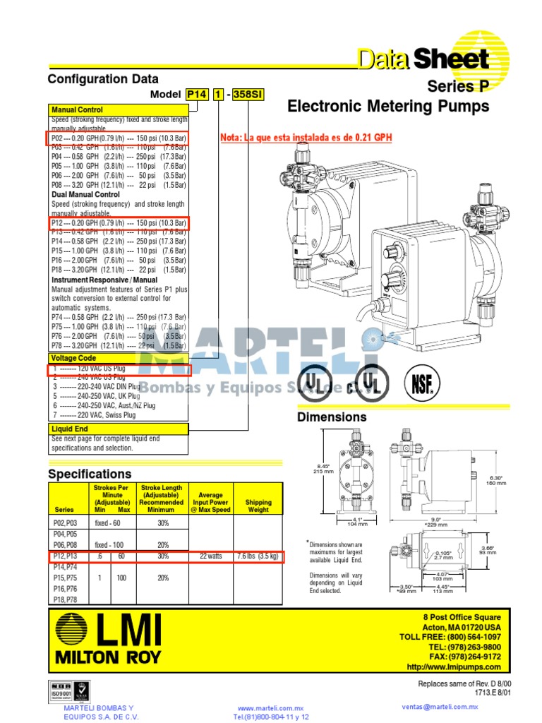Bomba - Dosificadora - Milton Roy Serie P | PDF | Pipe (Fluid Conveyance) | Mechanical Engineering