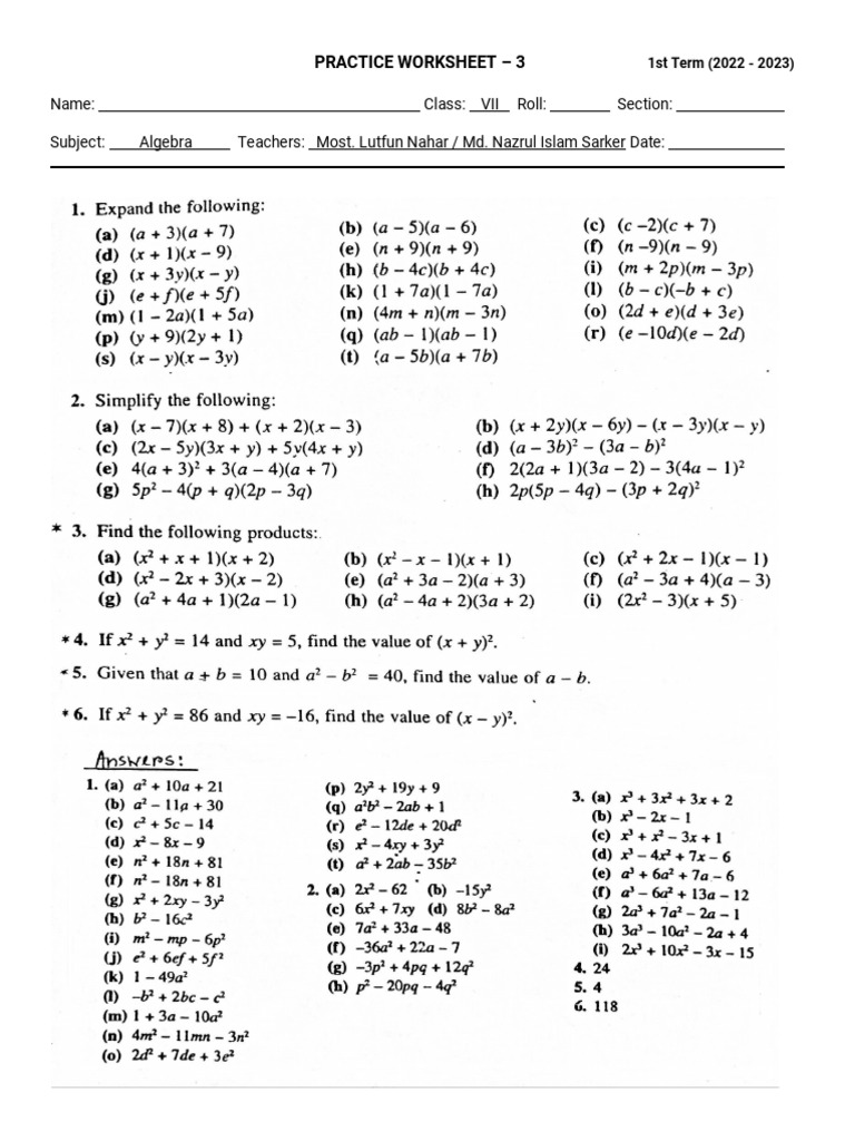 Class VII Algebra | PDF | Teaching Methods & Materials | Science ...