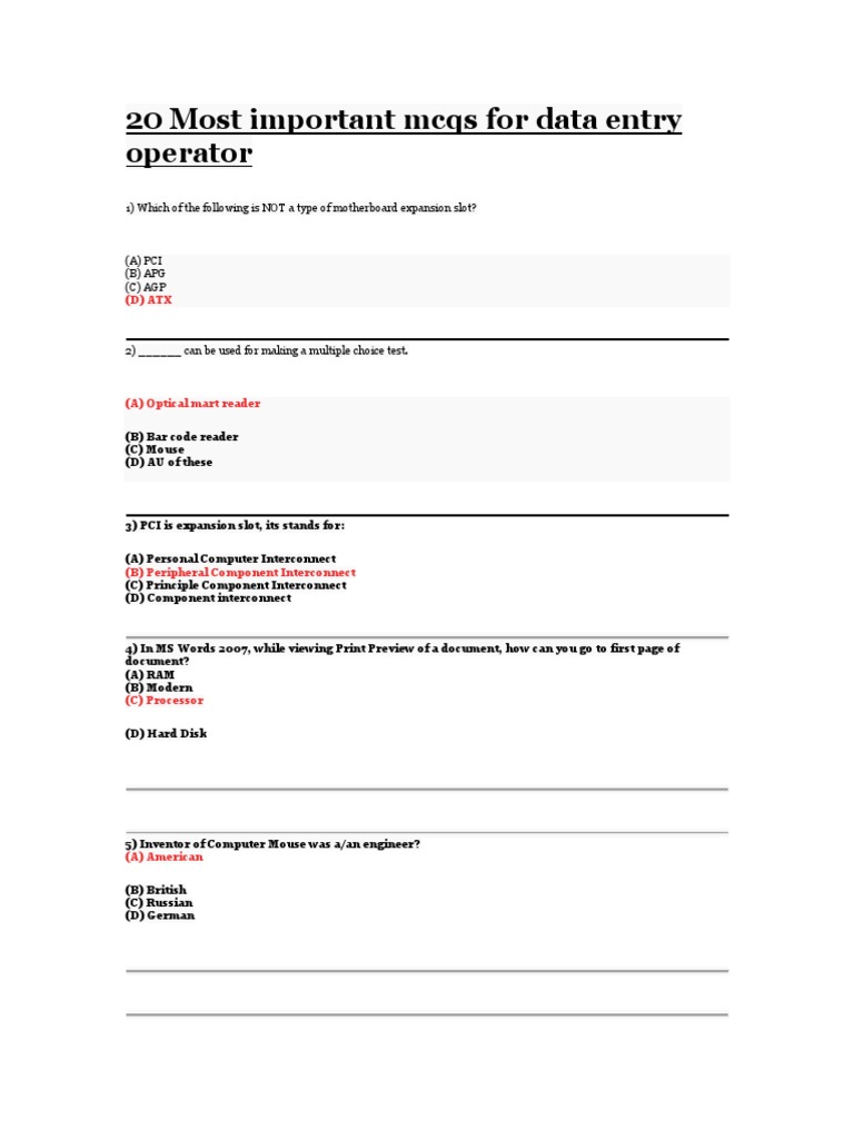 20 Most Important Mcqs For Data Entry Operator | PDF | Printer ...