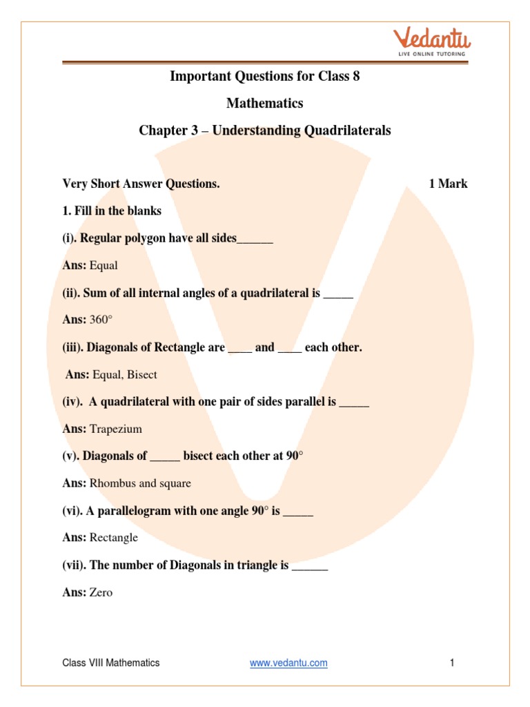 Class 8 Maths: Quadrilaterals Questions | PDF | Rectangle | Polytopes