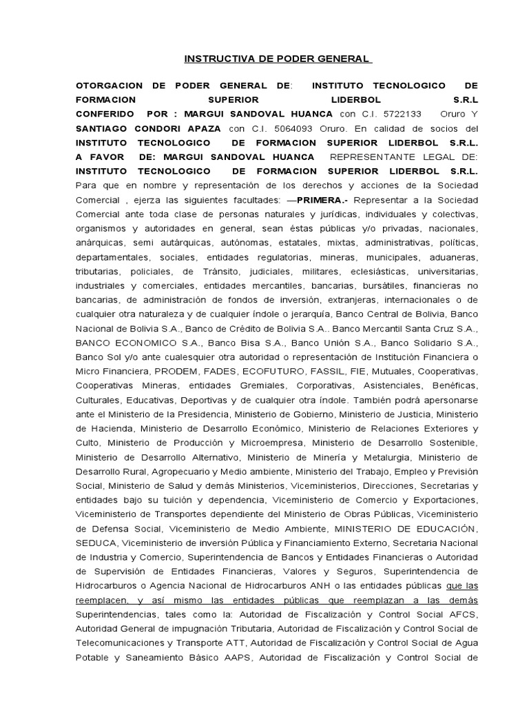 INSTRUCTIVA DE PODER SRL Modelo | PDF | Bancos | Ministerio (Departamento de Gobierno)