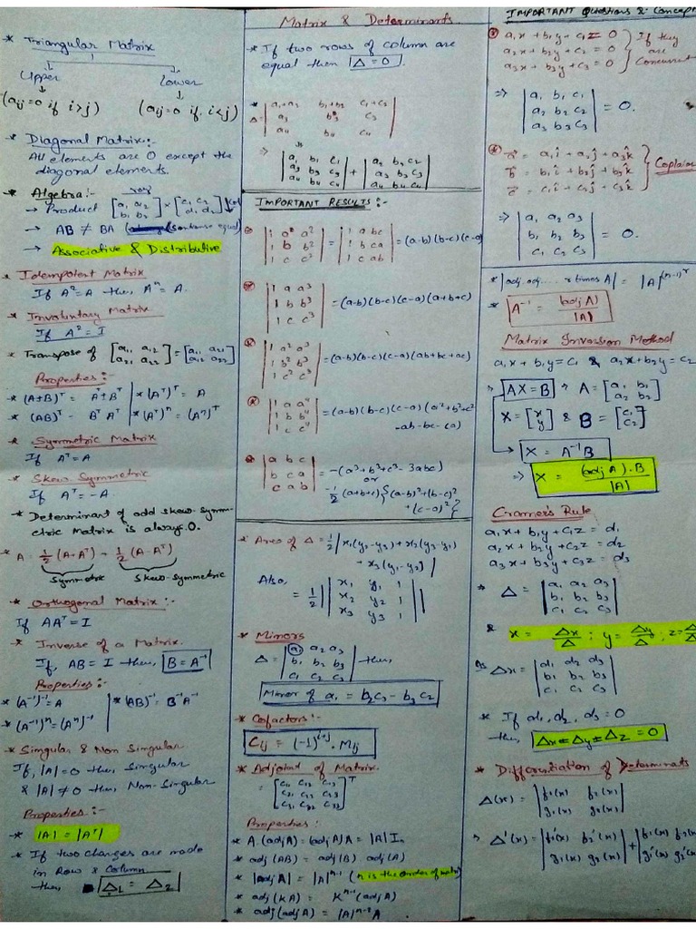 Matrix and Determinants Short Notes | PDF