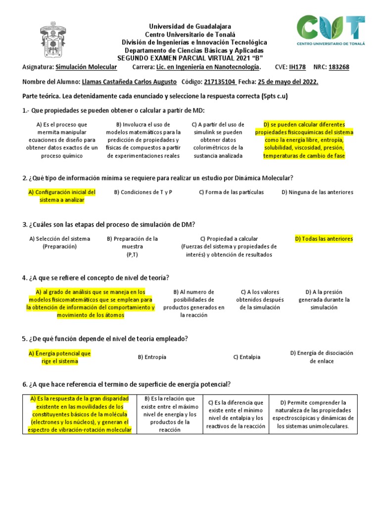 Segundo Examen Parcial 21B | PDF | Moléculas | Teoría funcional de la densidad