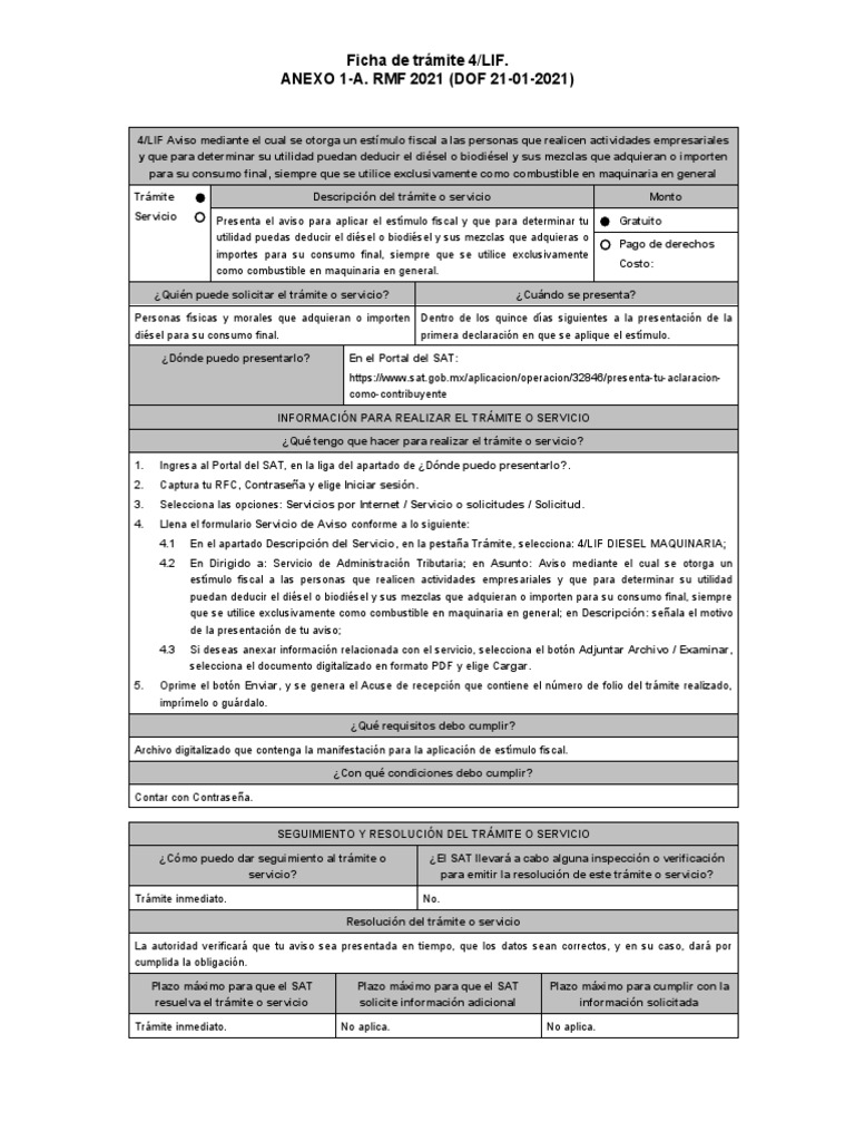 Ficha De Trámite 4 Lif Aviso Estímdiésel Maquinariagral Fch025 Pdf