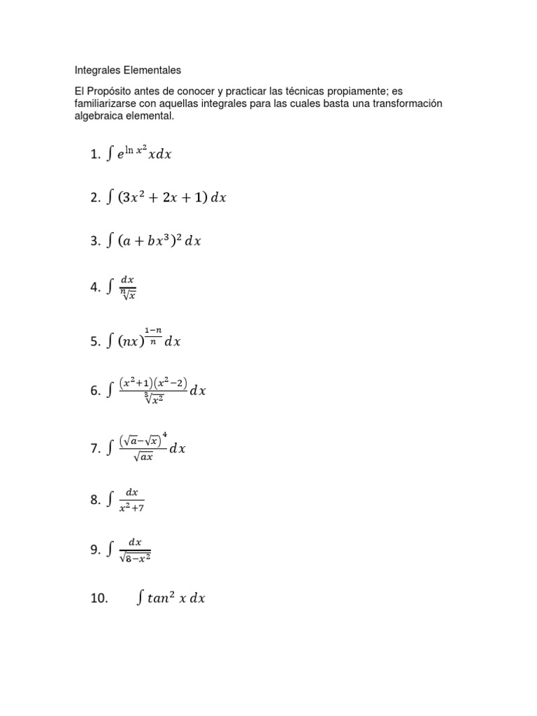 Ejercicios de Integrales Elementales | PDF