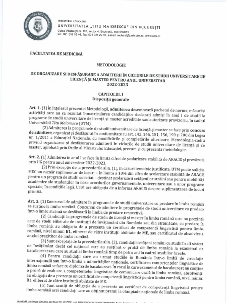 Metodologie Admitere Umf | PDF