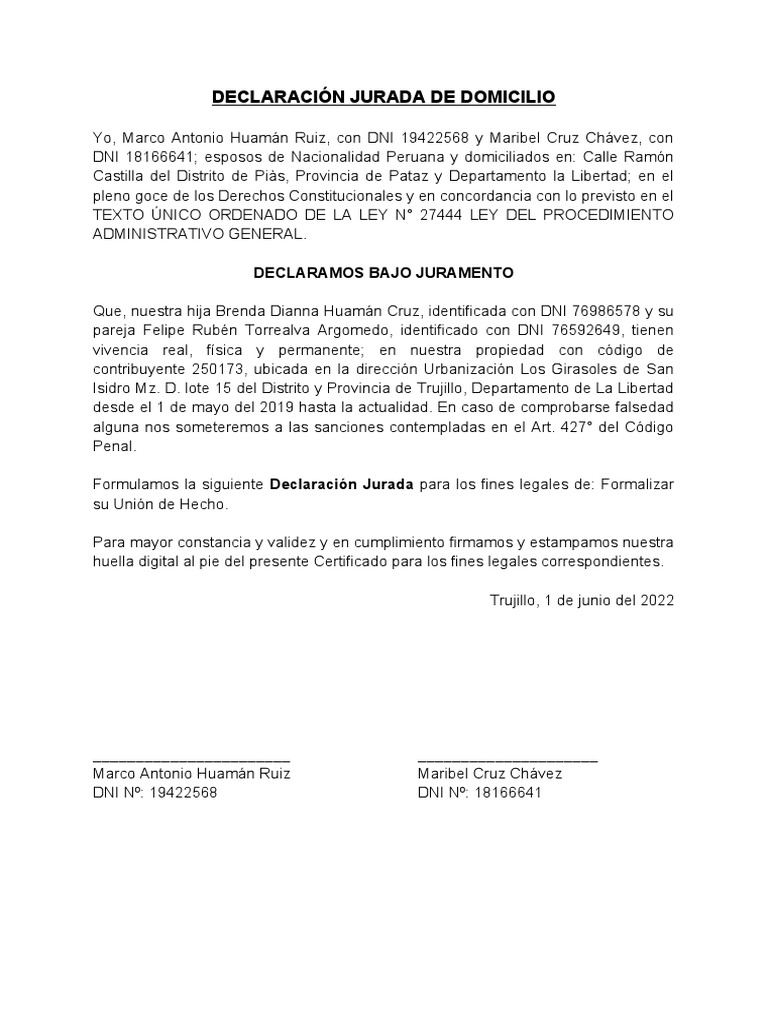 Declaración Jurada de Domicilio | PDF