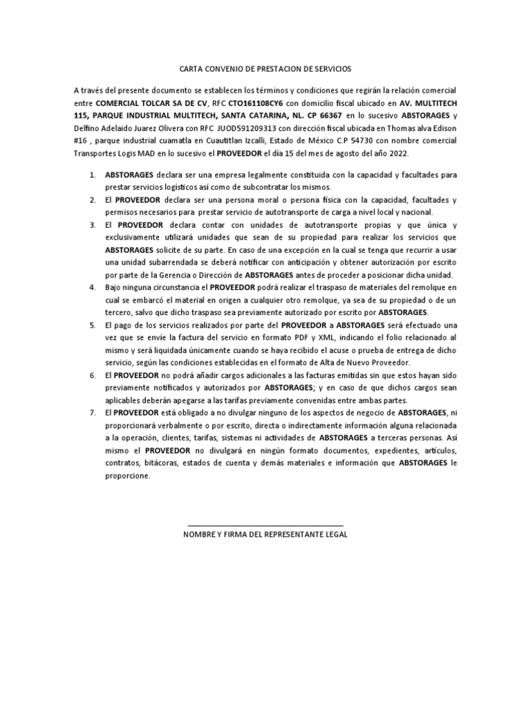 Carta Convenio de Prestacion de Servicios | PDF