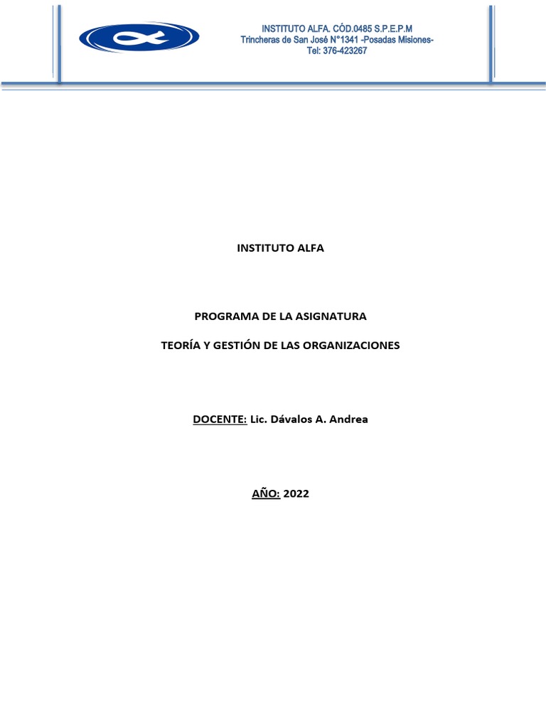 Programa - Teoria y Gestion 2022 | PDF | Planificación | Análisis FODA