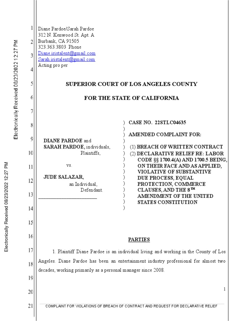 Amended Complaint: Pardoe V Salazar | PDF | Fourteenth Amendment To The ... Amended Complaint: Pardoe V Salazar | PDF | Fourteenth Amendment To The ...