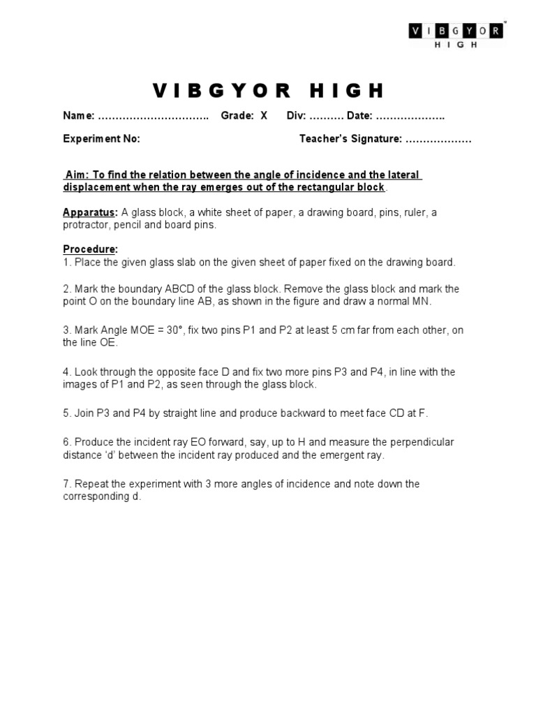 Practical 2 REFRACTION THROUGH GLASS SLAB LATERAL DISPLACEMENT 22-23 1 ...