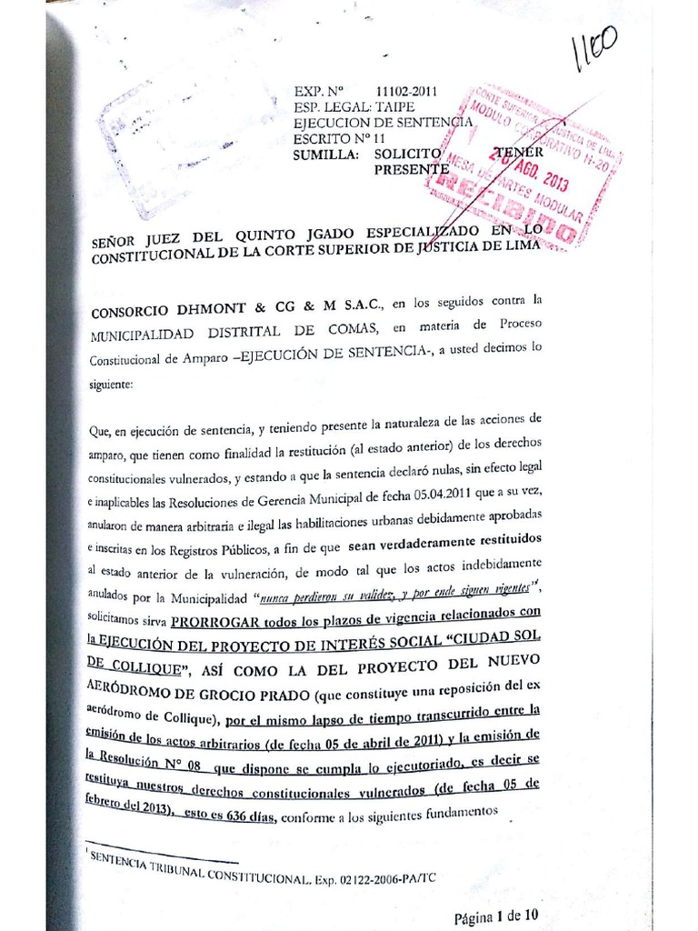 Esc. 18 AGO 2013. Fs. 1100-1109. DHMONT PIDE AMPLIACIÓN PLAZOS GROCIO ...
