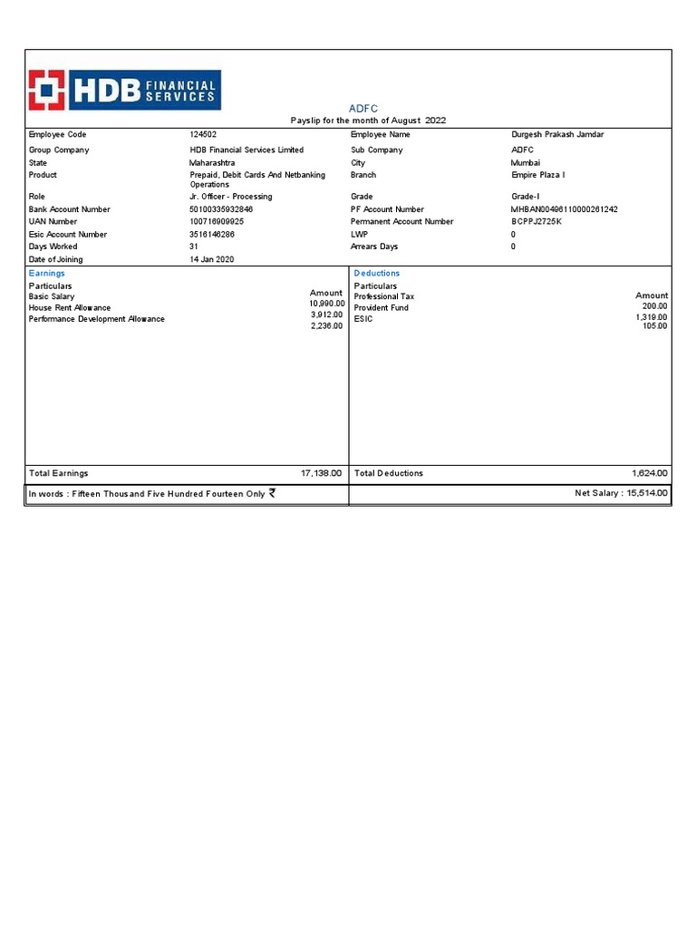 Durgesh Jamdar HDB Pay Slip Aug 2022 | PDF | Paycheck | Debit Card