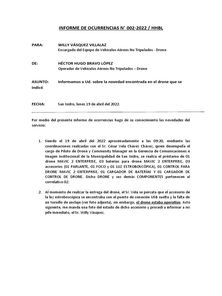 INFORME DE OCURRENCIAS 002 | PDF