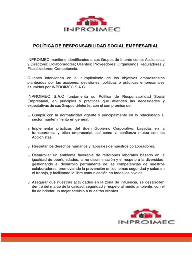 Política de Responsabilidad Social Empresarial, Firmada y Actualizada | PDF | Responsabilidad ...