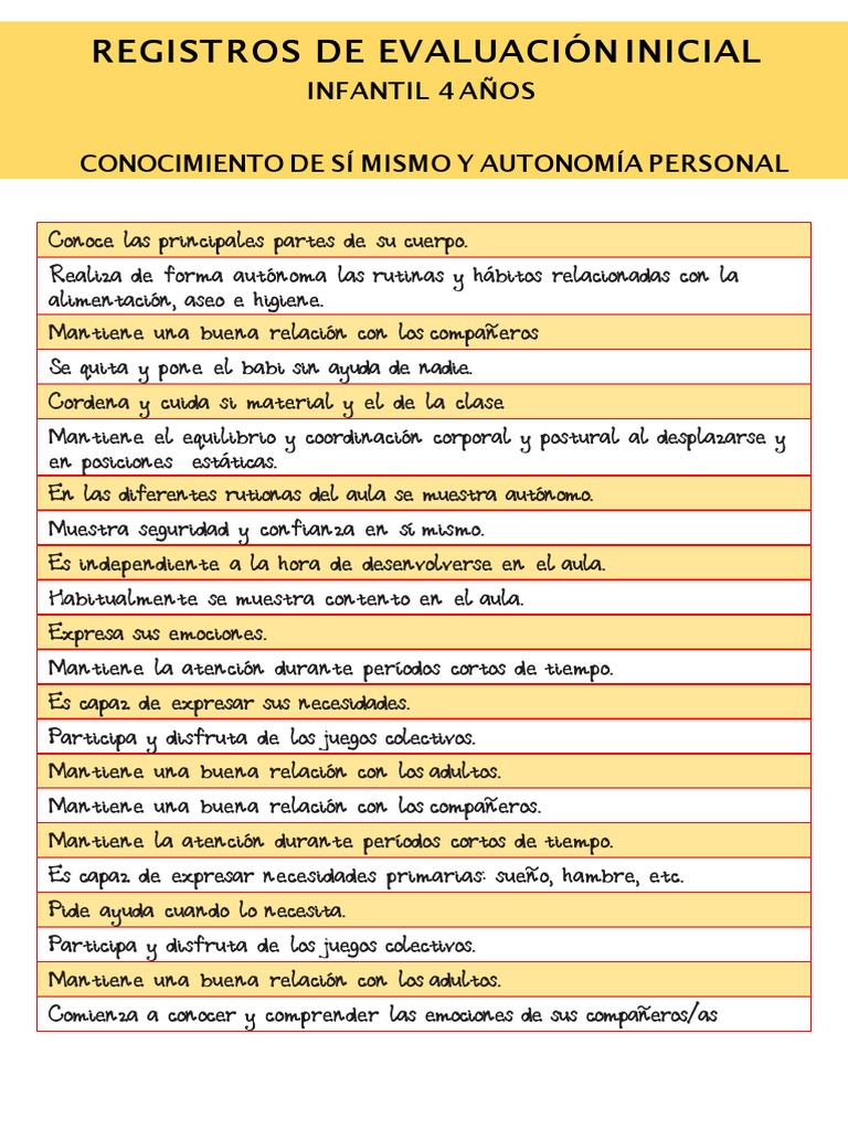 Registros de Evaluación Inicial Infantil 4 Años | PDF