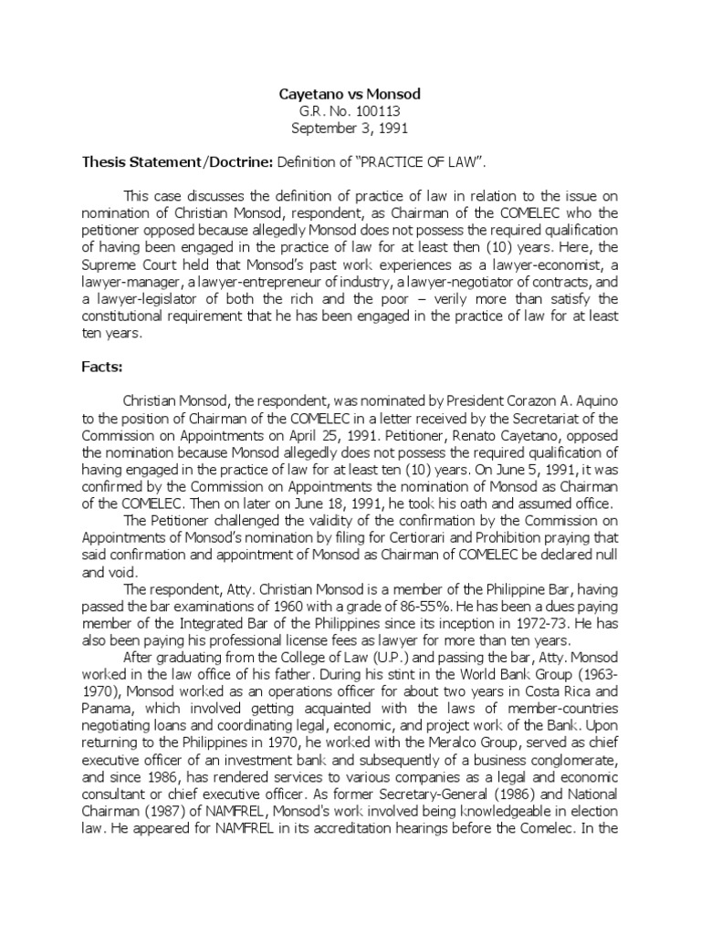 Definition of Practice of Law: Cayetano vs Monsod | PDF | Commission On ...