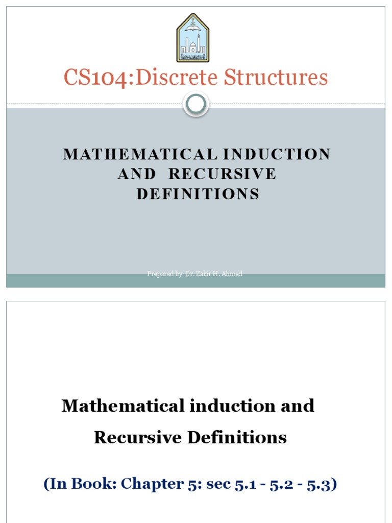 Cs104 Discrete Structures Mathematical Induction And Recursive Definitions Pdf