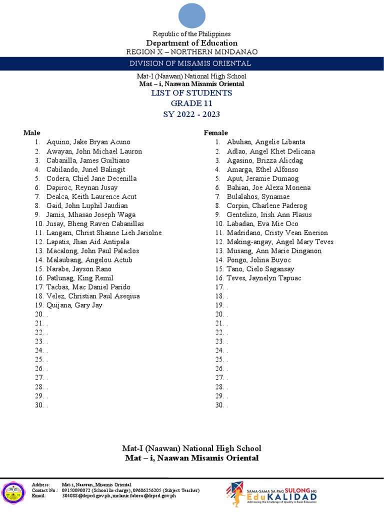 Grade 11 Master List | PDF