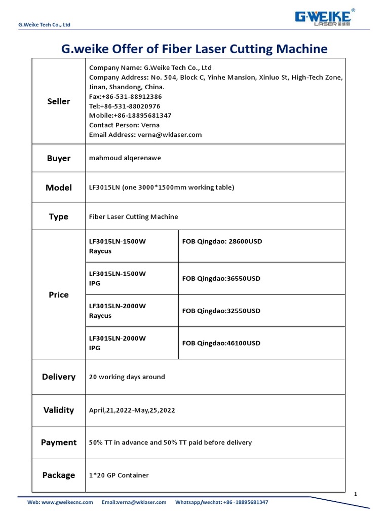 Quotation of LF3015LN | PDF | Welding | Construction