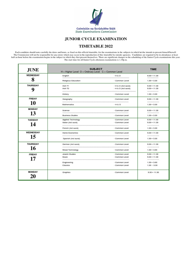 Junior Cycle Exam Timetable 2022 | PDF