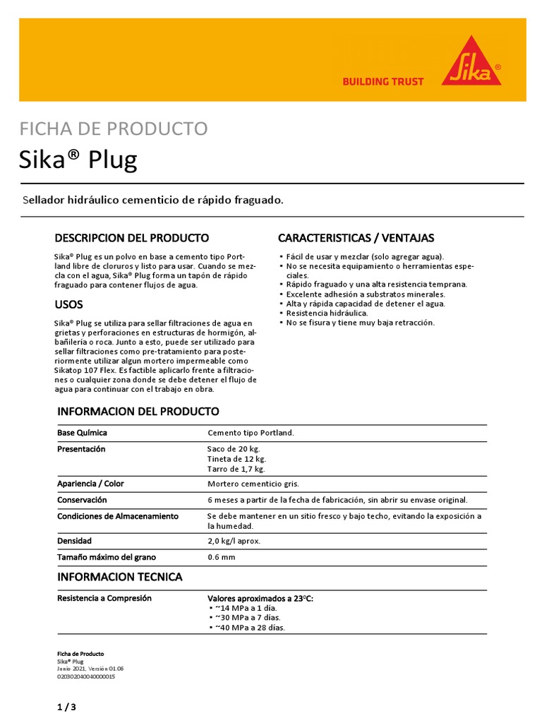 Sika Plug | PDF | Cemento | Hormigón