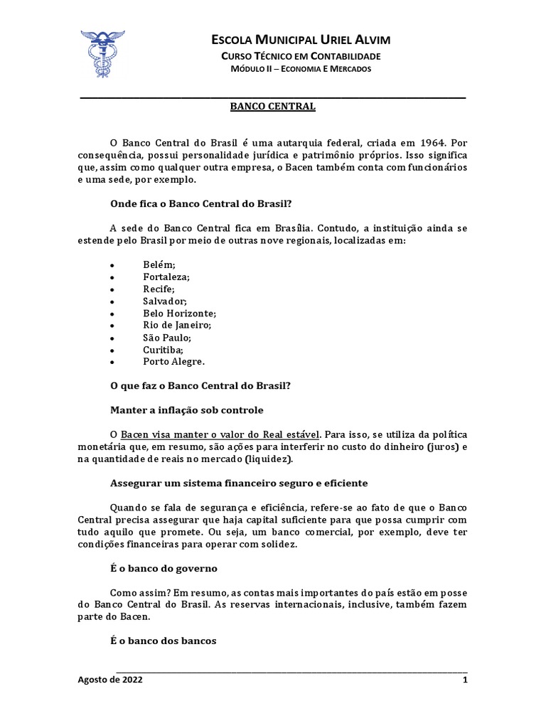 Aula 03 - Banco Central | PDF | Bancos centrais | Contabilidade