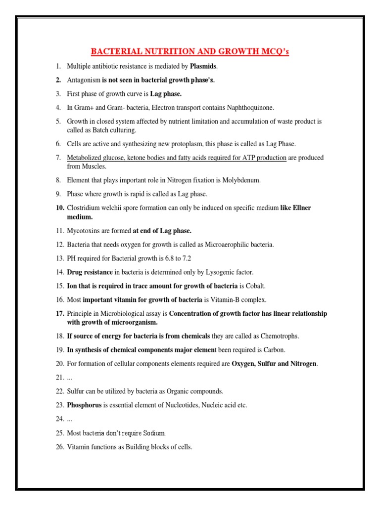 Bacterial Nutrition and Growth MCQ | PDF | Bacteria | Growth Medium